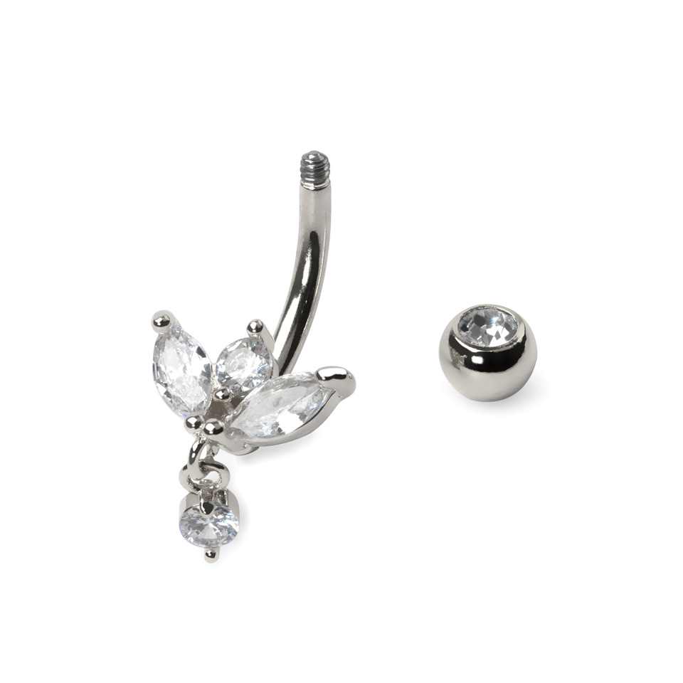 Navlepiercing med marquise-stener og kirurgisk stål.